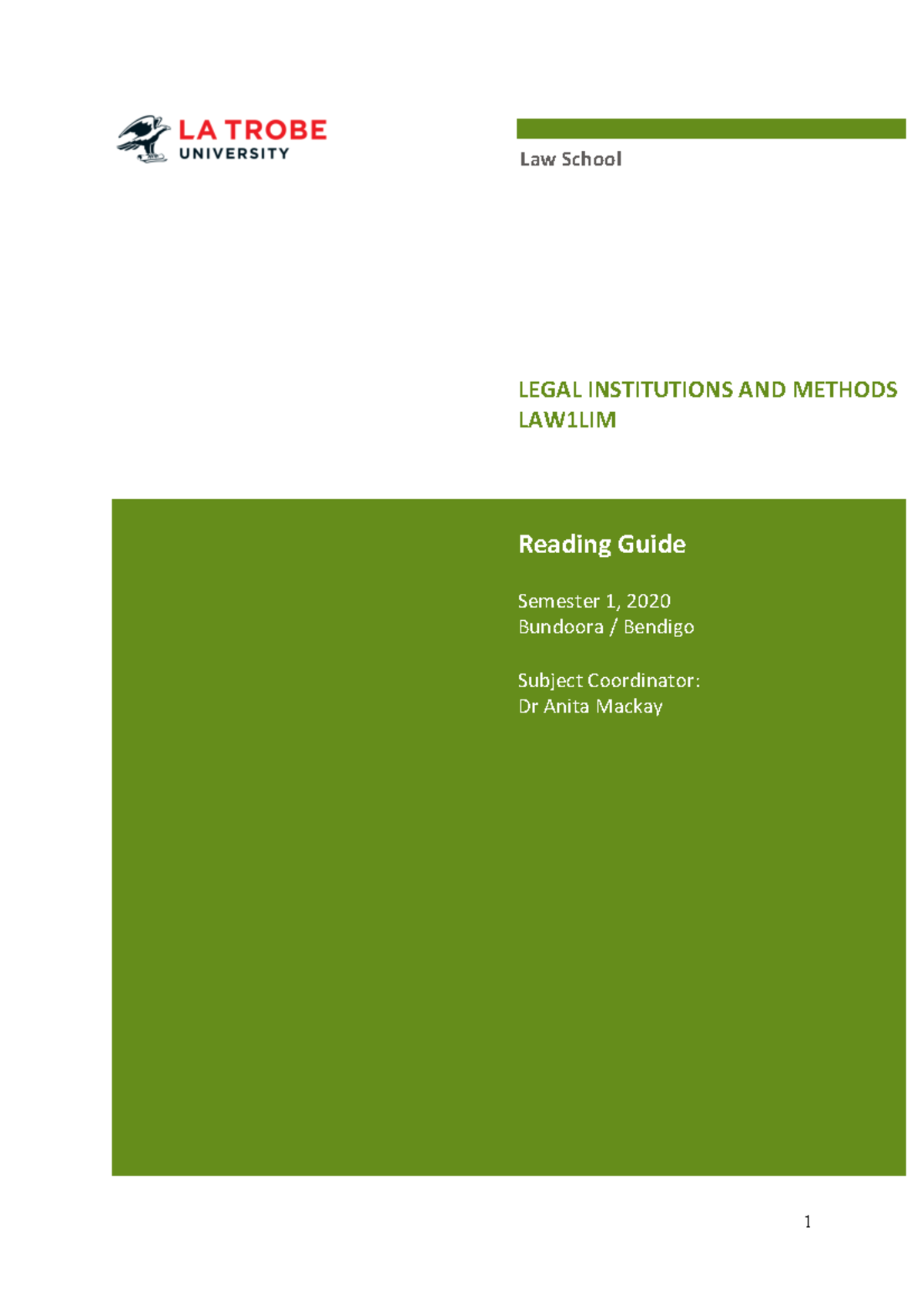LAW1LIM 2020 S1 Reading Guide - Law School LEGAL INSTITUTIONS AND ...