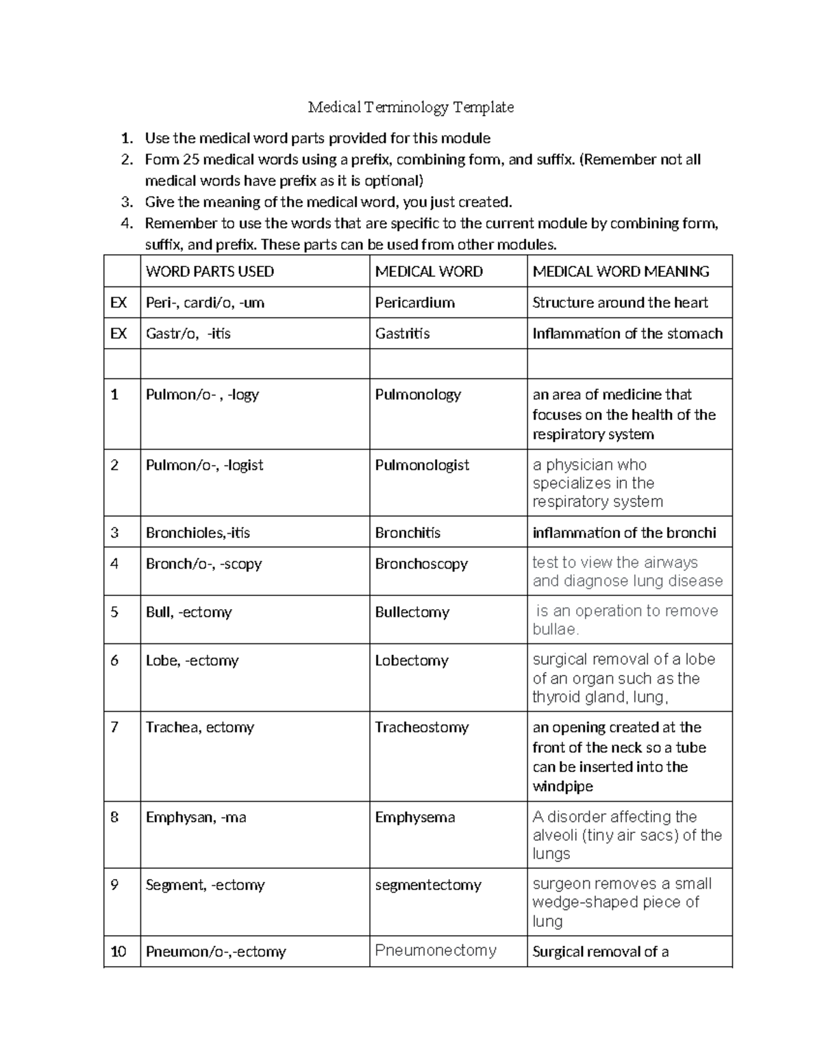 Medical Terminology week 7 - Medical Terminology Template Use the ...