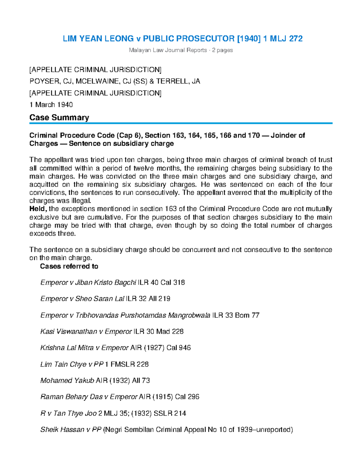 LIM YEAN Leong v Public Prosecutor, [1940] 1 MLJ 272 - LIM YEAN LEONG v ...