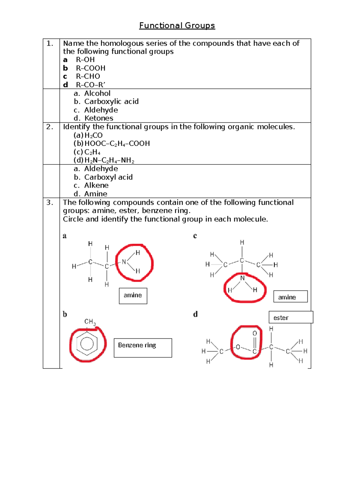 Functional Groups Questions - Functional Groups Name the homologous ...