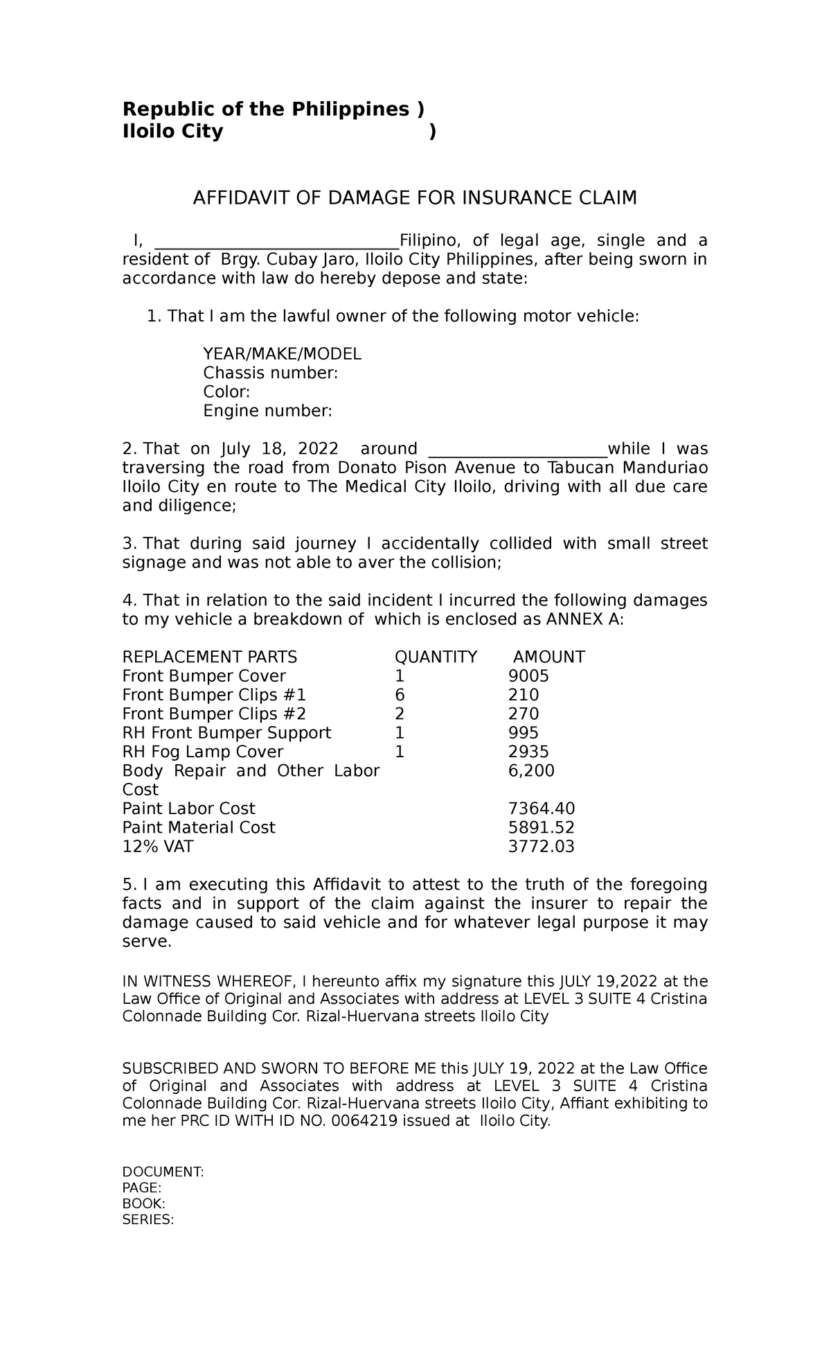 Affidavit of damage - Republic of the Philippines ) Iloilo City ...