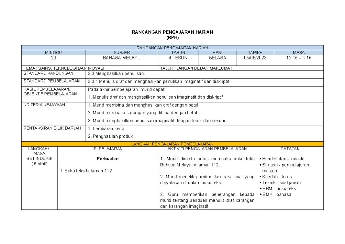 RPH HARI 3 (5 SEPT) - rph hatian bahasa melayu - RANCANGAN PENGAJARAN ...