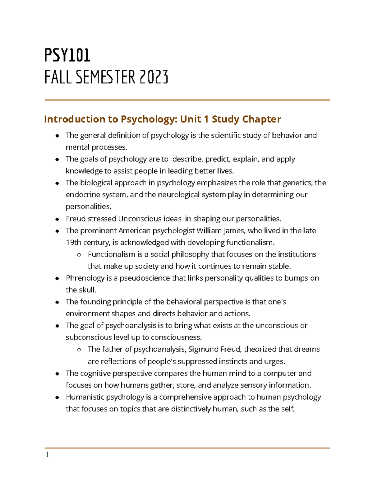 Introduction to Psychology Unit 1 Study Chapter - PSY FALL SEMTER 2023 ...