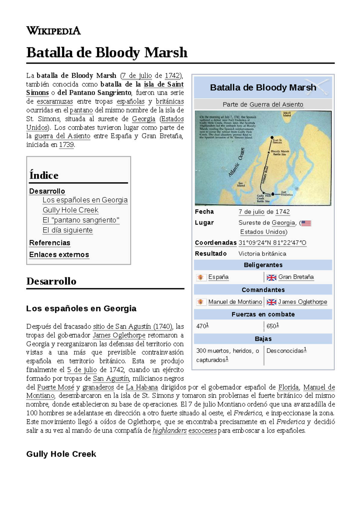 Batalla de Bloody Marsh - Simons, situada al sureste de Georgia ...
