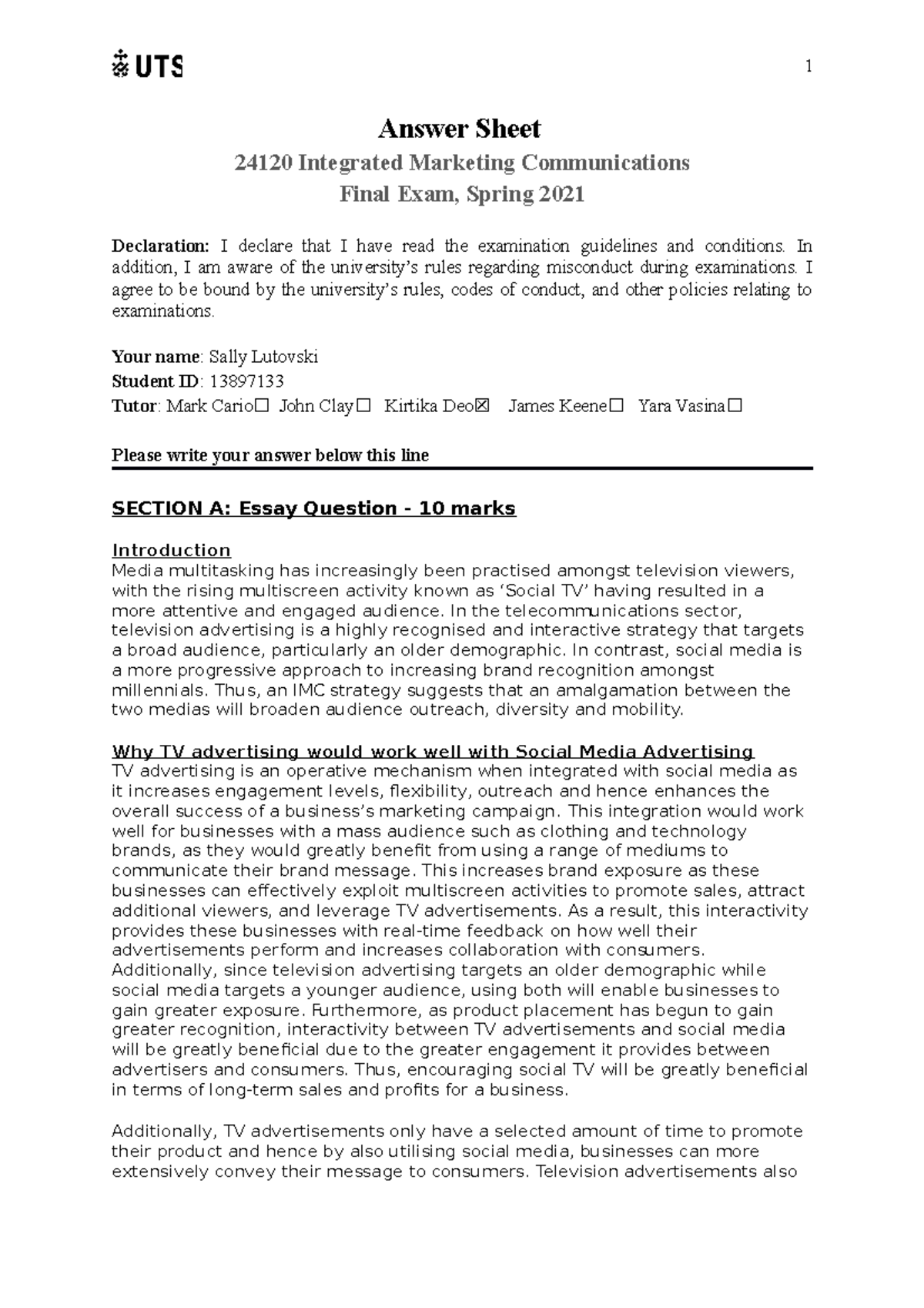 Answer Sheet - 24210 IMC Final Exam - Answer Sheet 24120 Integrated ...