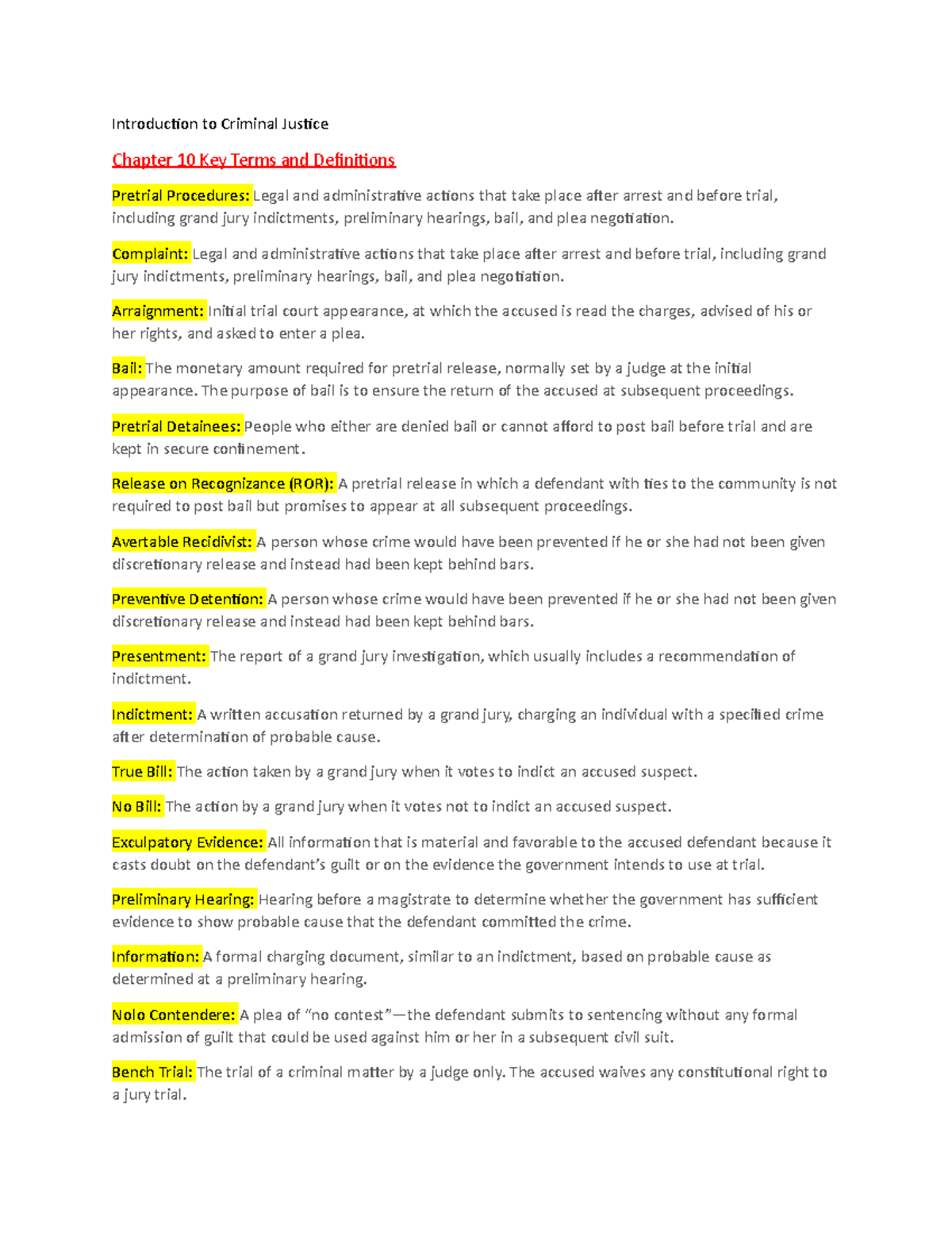 CJ Vocab Ch. 10 - kelly roth - Introduction to Criminal Justice Chapter ...