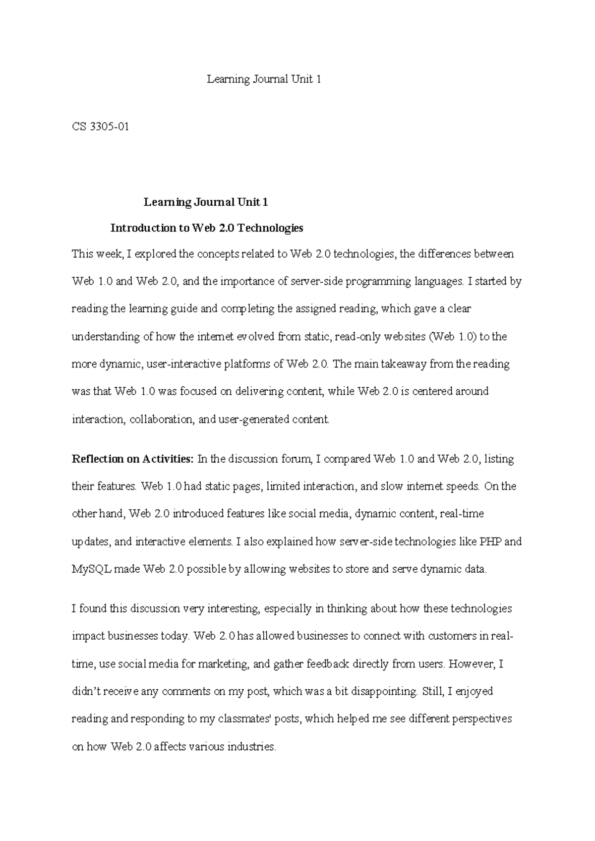 Learning Journal Unit 1 CS 3305-01 - Learning Journal Unit 1 CS 3305- Learning Journal Unit 1 ...