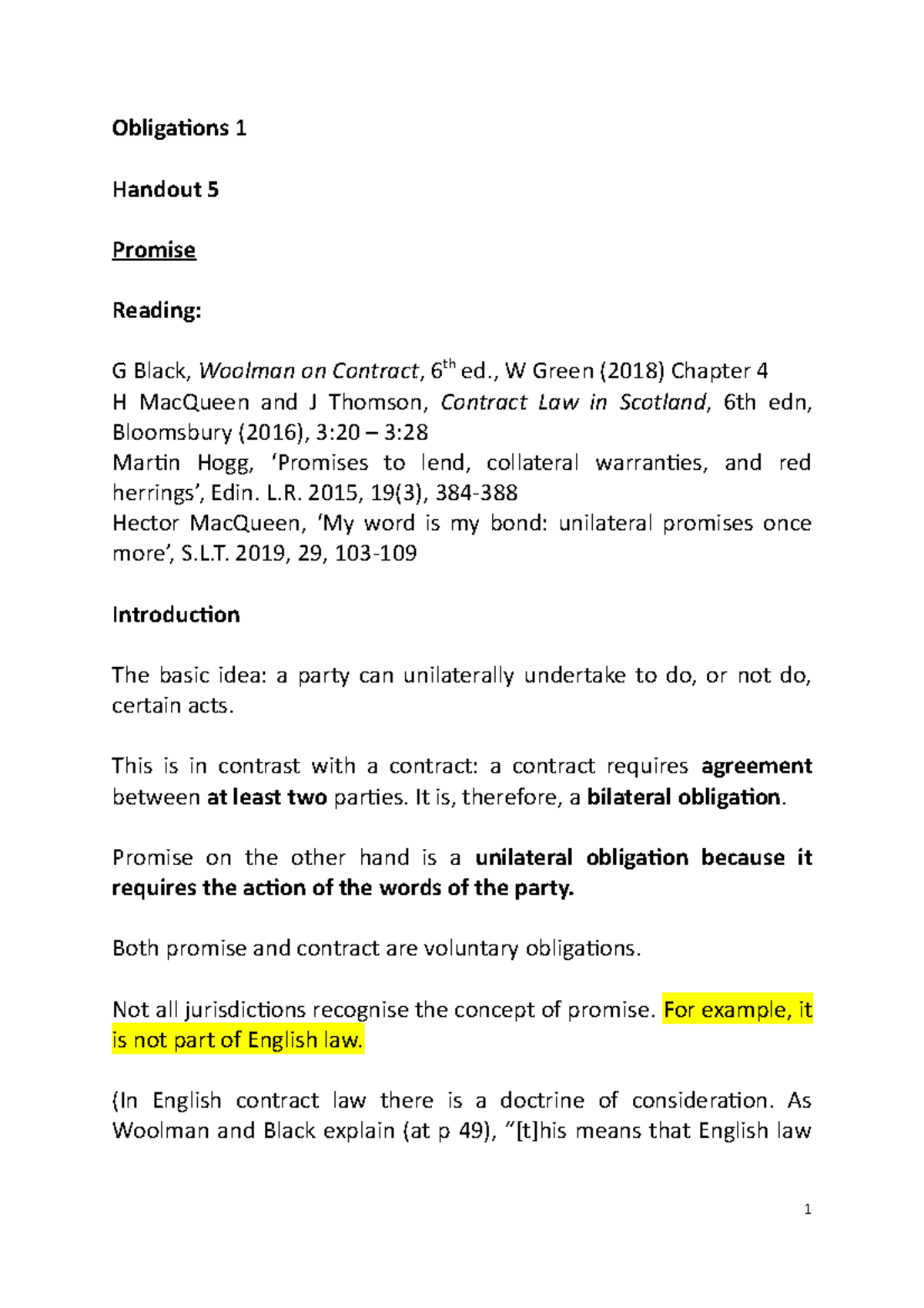 Obligations 1 lecture 5 - Obligations 1 Handout 5 Promise Reading: G ...