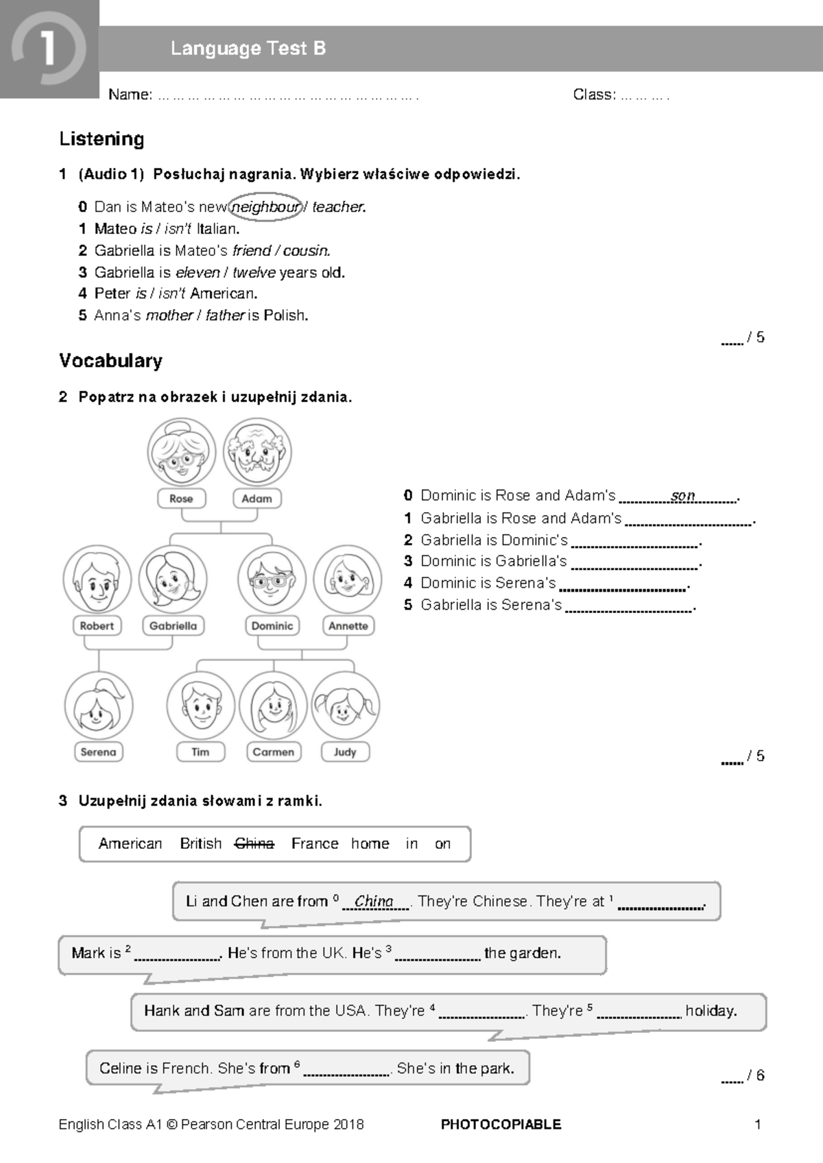 ECA1 Tests Language Test 1B new2018 - Name