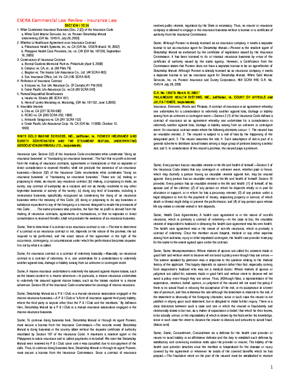 Escra for Insurance Cases - SECTION 1 TO 25 What Constitutes Insurance ...