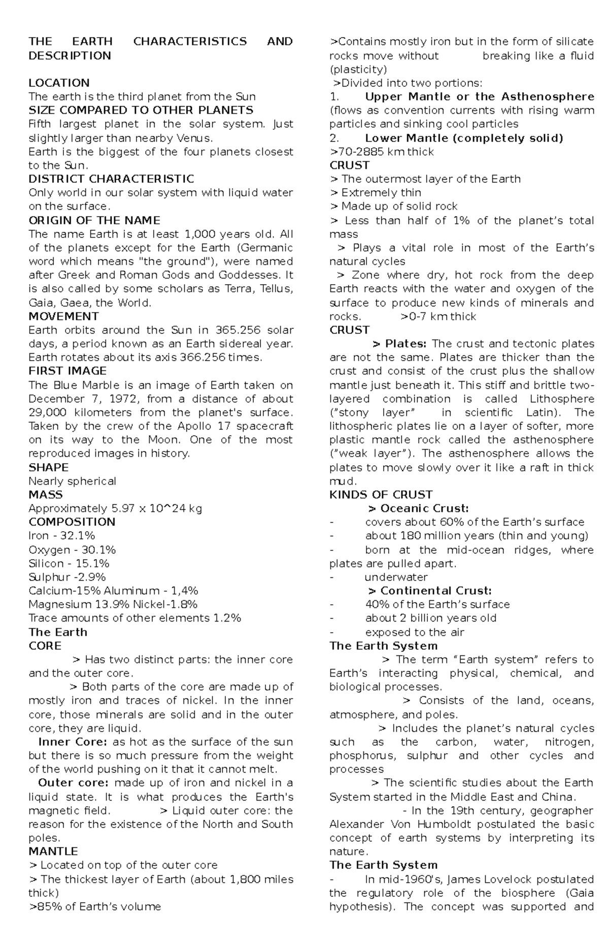 THE Earth Characteristics AND Description - THE EARTH CHARACTERISTICS ...