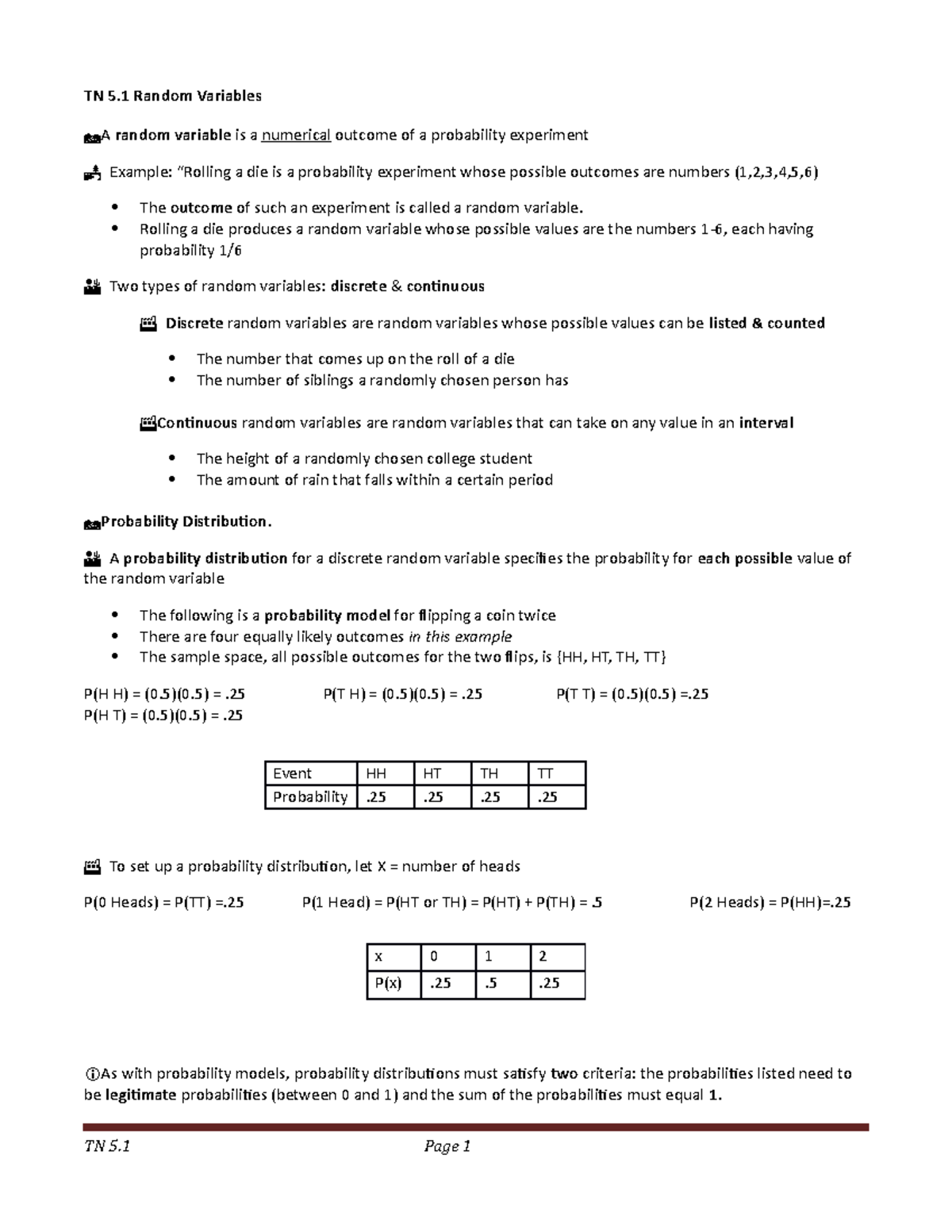 Class TN 5.1 Discrete Random Variables - TN 5 Random Variables A random ...