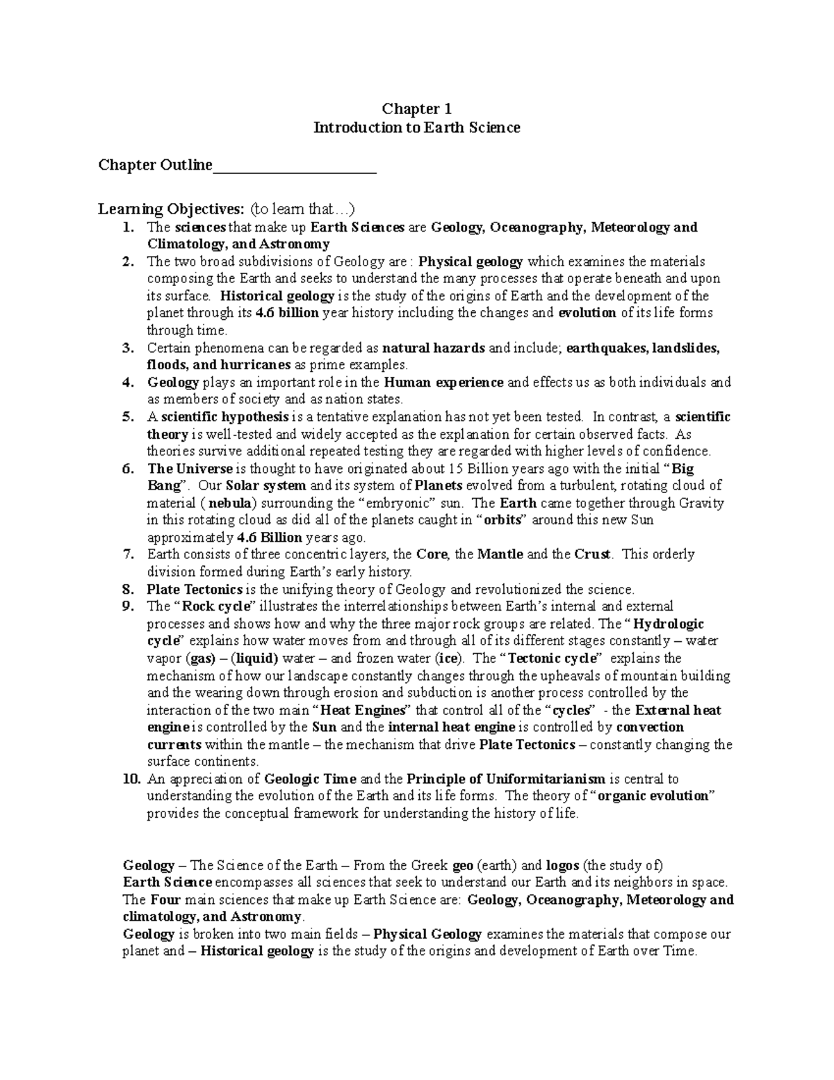 Ch 01a Overview - Overall Ch 1 summary - Chapter 1 Introduction to Earth Science Chapter - Studocu