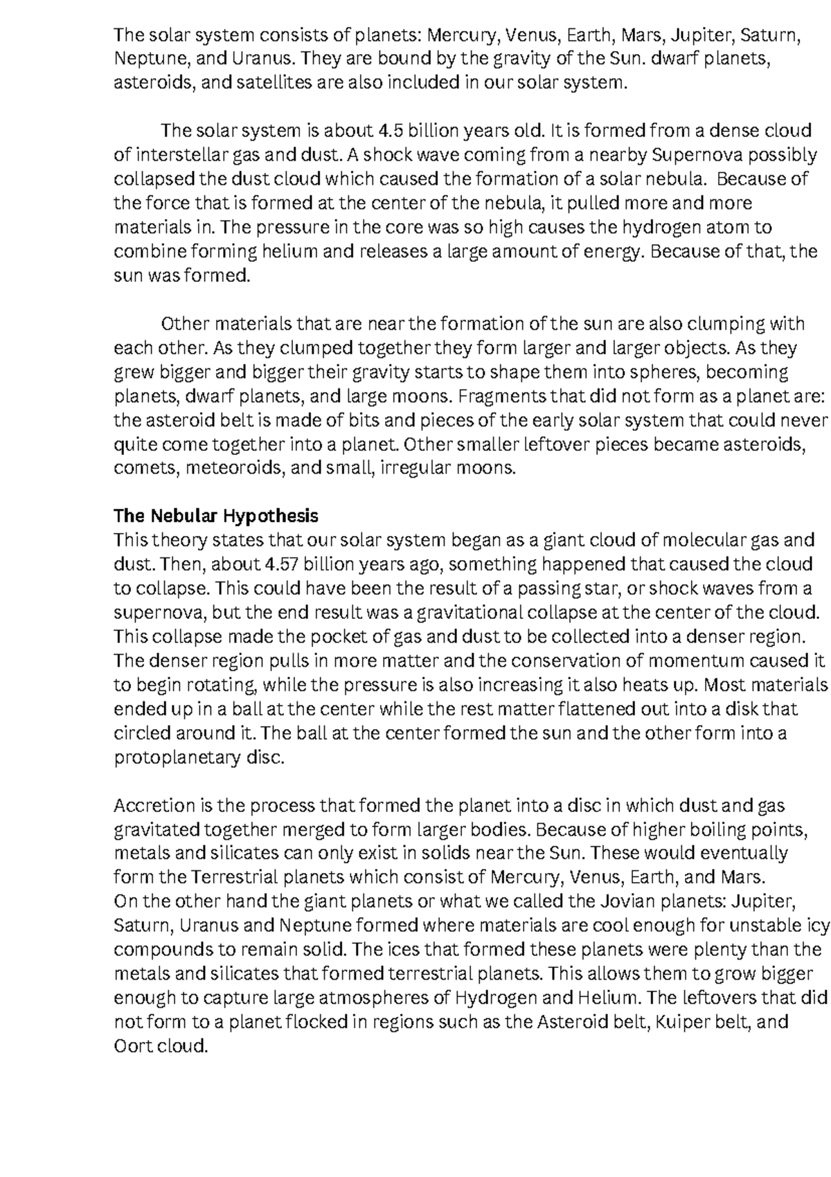 The solar system consists of planets Mercury, Venus, Earth, Mars ...