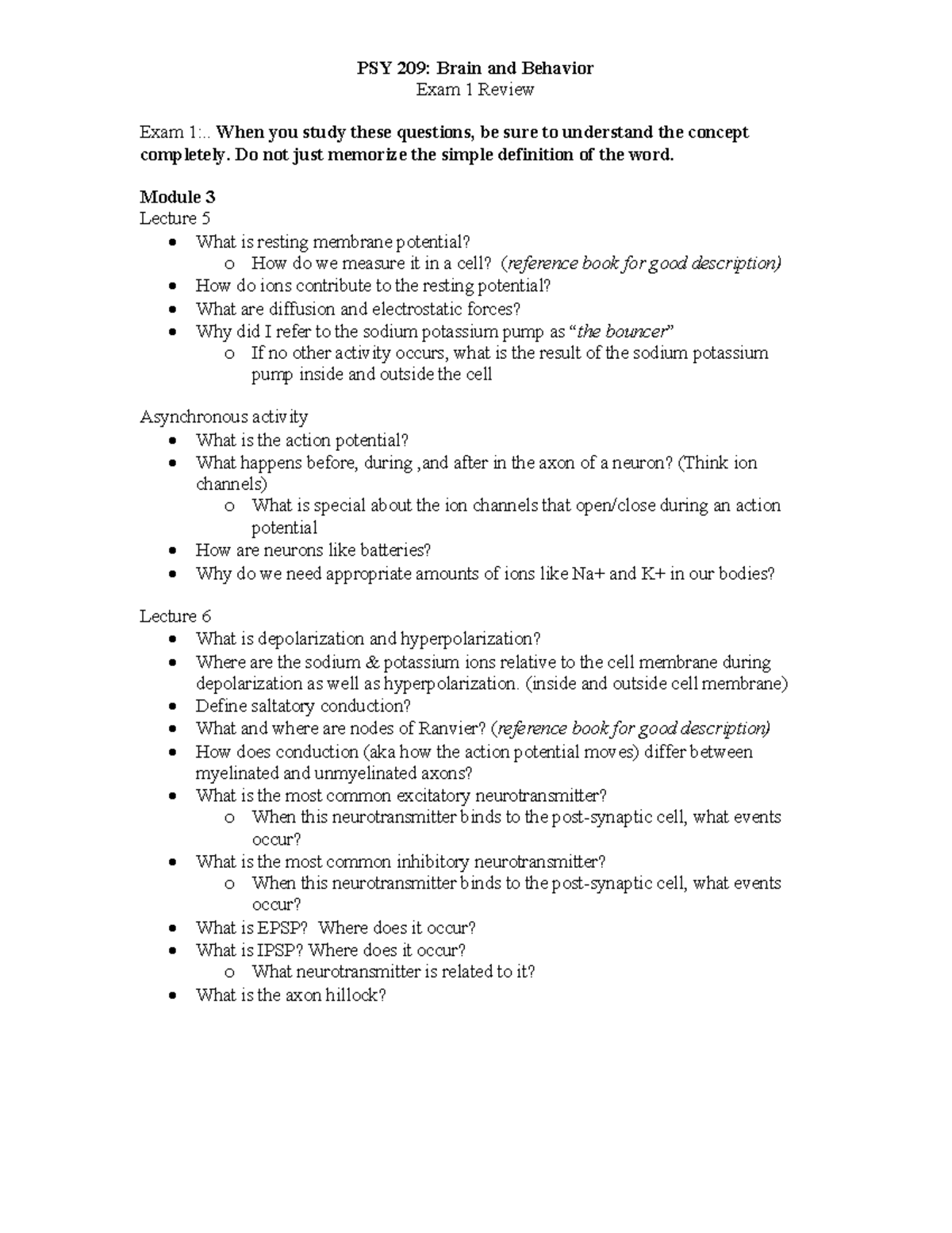 PSY209 Exam1 Module 3 Study Guide SS23 - PSY 209: Brain and Behavior Exam 1 Review Exam 1 ...