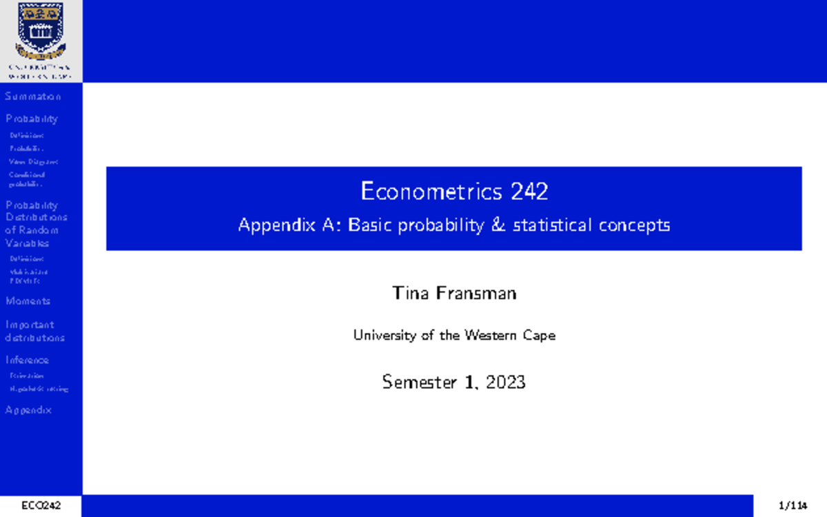 Eco242 basic principles - Summation Probability Definitions Probability ...
