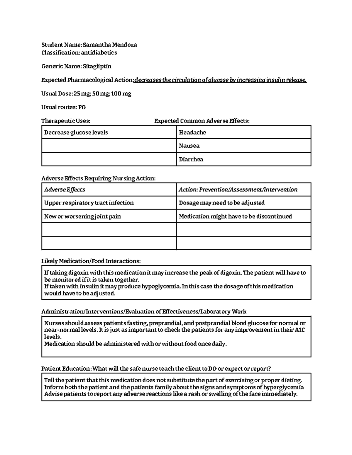 Sitagliptin Drug Card - Student Name: Samantha Mendoza Classiication ...
