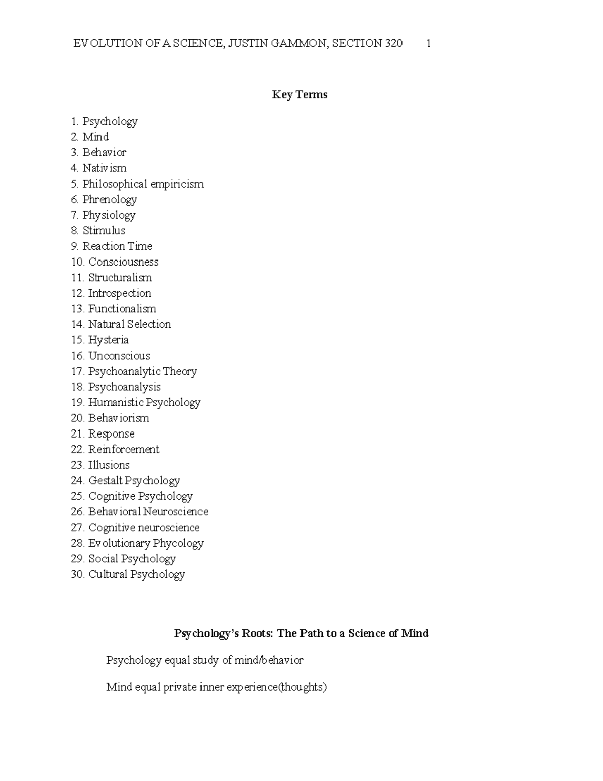 Outline 1 Psych - blah - Key Terms Psychology Mind Behavior Nativism ...