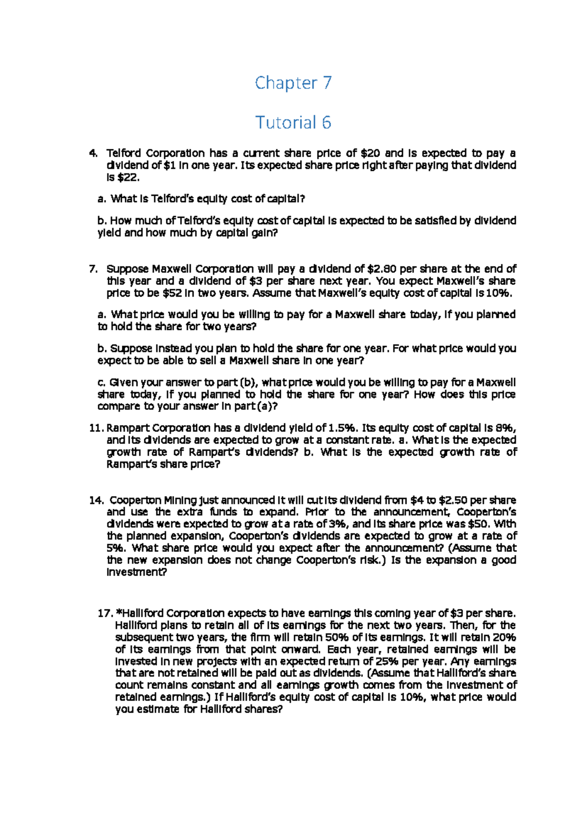 Tutorial Questions Week 7 Questions - Chapter 7 Tutorial 6 Telford ...