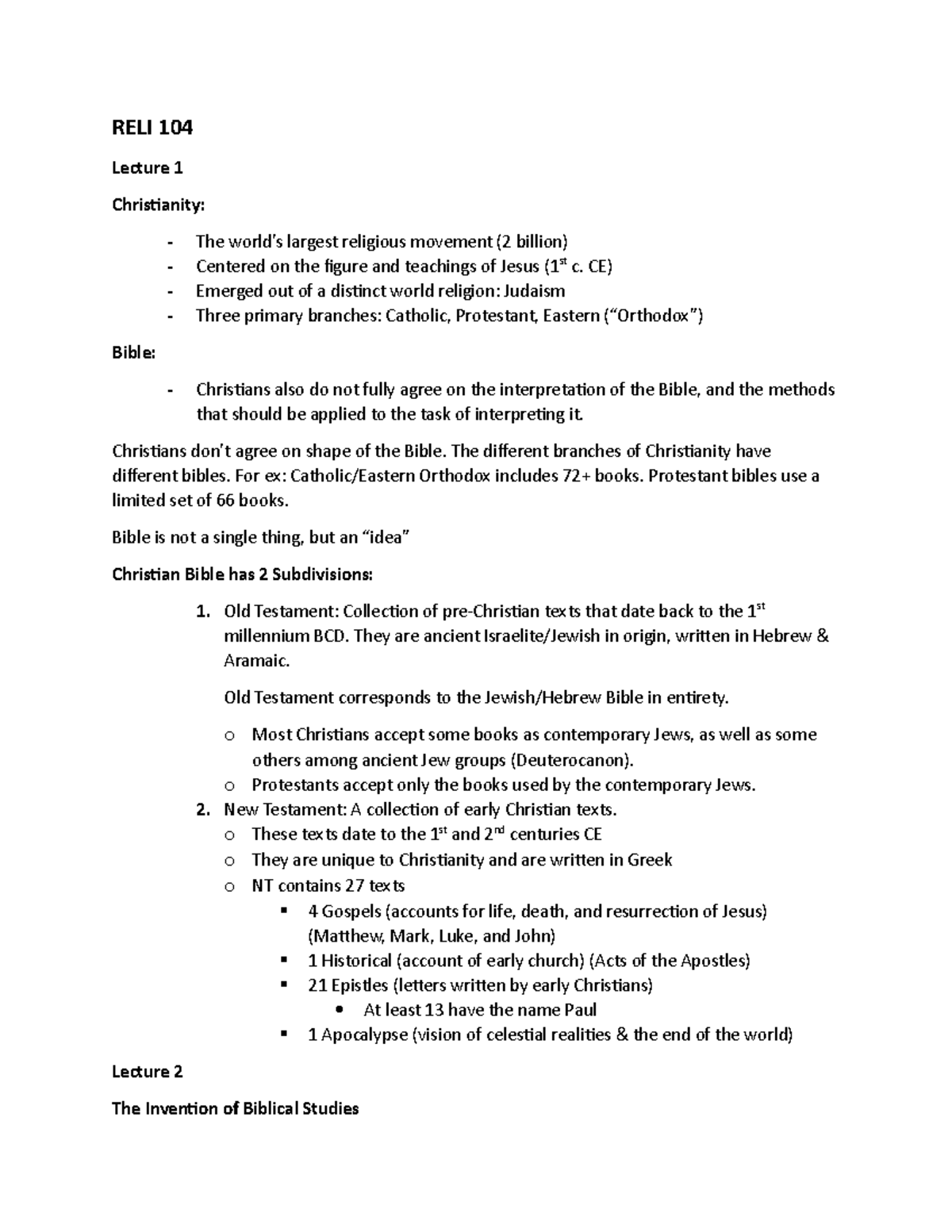 RELI 104 notes - RELI 104 Lecture 1 Christianity: The world’s largest ...
