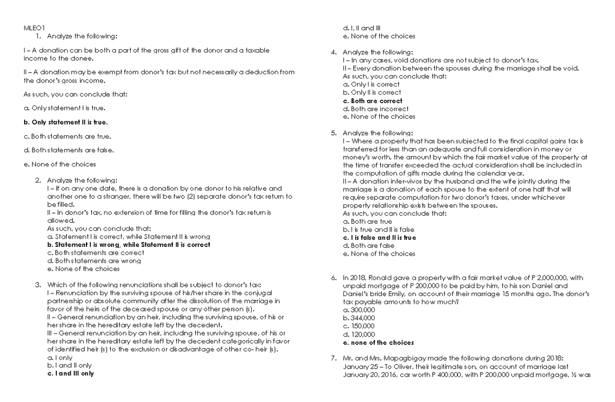 TAX - Tax - MLEO Analyze the following: I – A donation can be both a ...