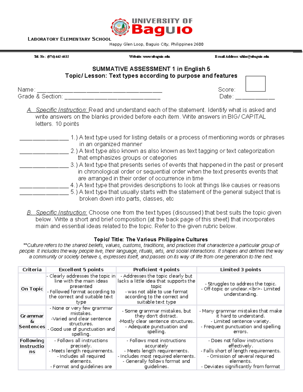 English Summative 1-3 - LABORATORY ELEMENTARY SCHOOL ####### Happy Glen ...