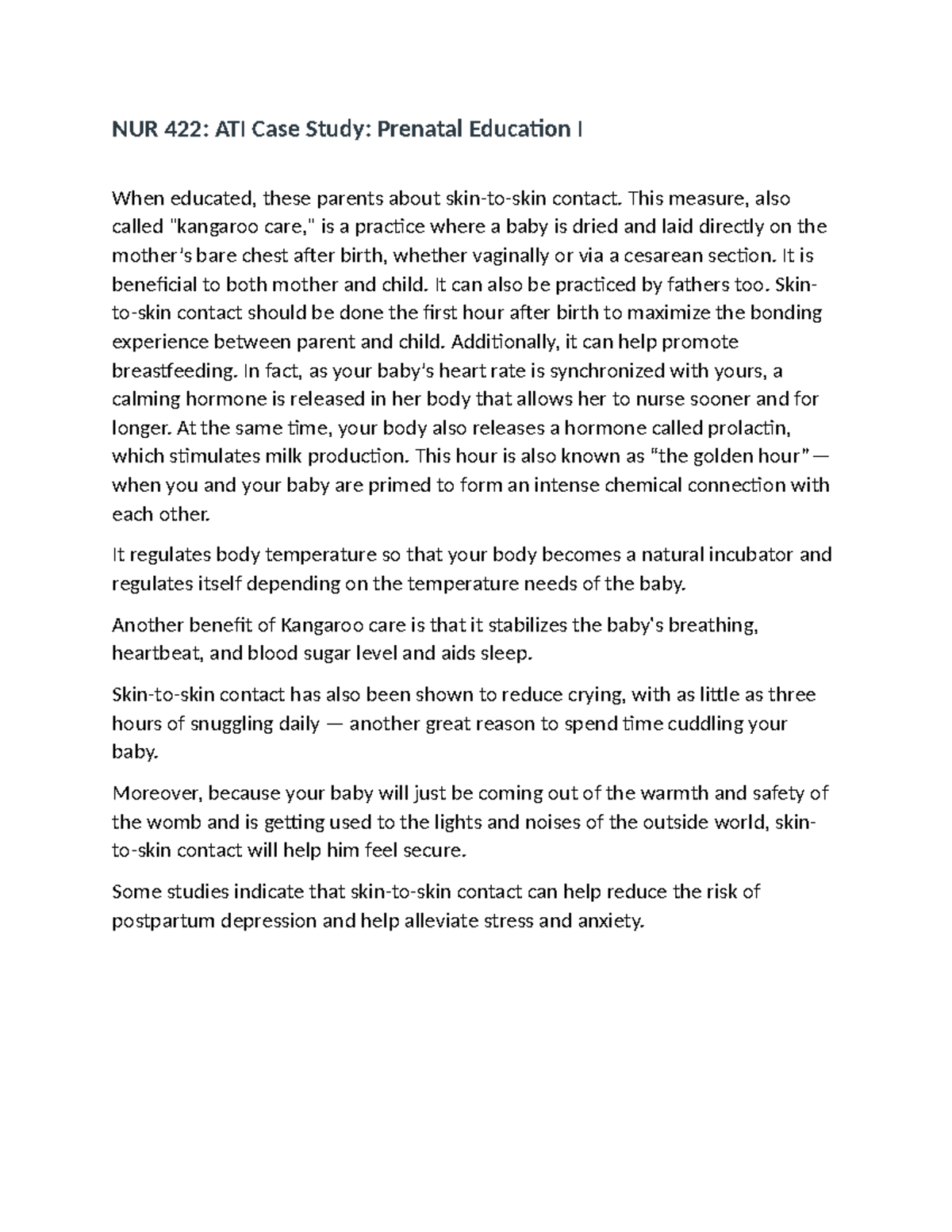 ATI Case Study - Prenatal Education I - NUR 422: ATI Case Study ...