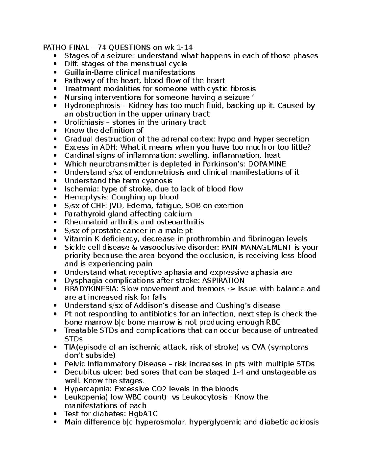 Patho Final Review Session - PATHO FINAL – 74 QUESTIONS on wk 1- Stages of a seizure: understand ...