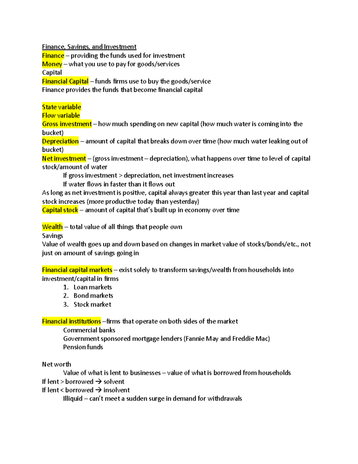 Lecture 9 Notes - Finance, Savings, and Investment Finance – providing ...