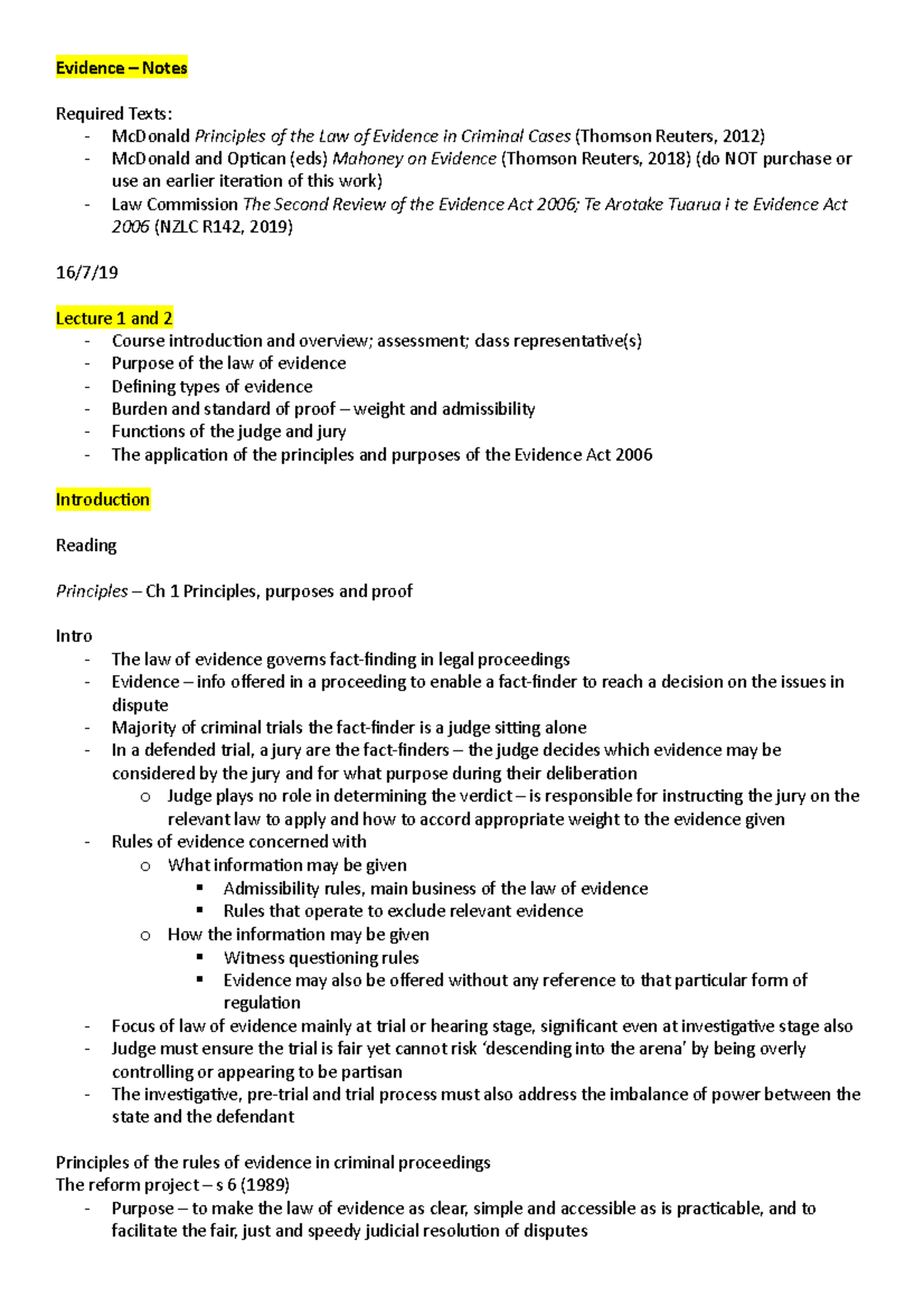 Evidence - Notes - Evidence – Notes Required Texts: - McDonald ...