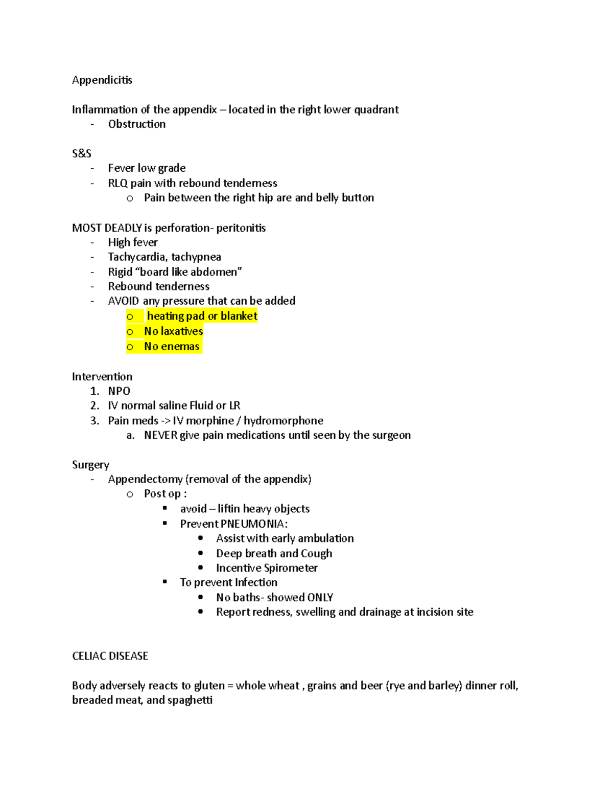 Exam3 medical surgical 2 - Appendicitis Inflammation of the appendix ...