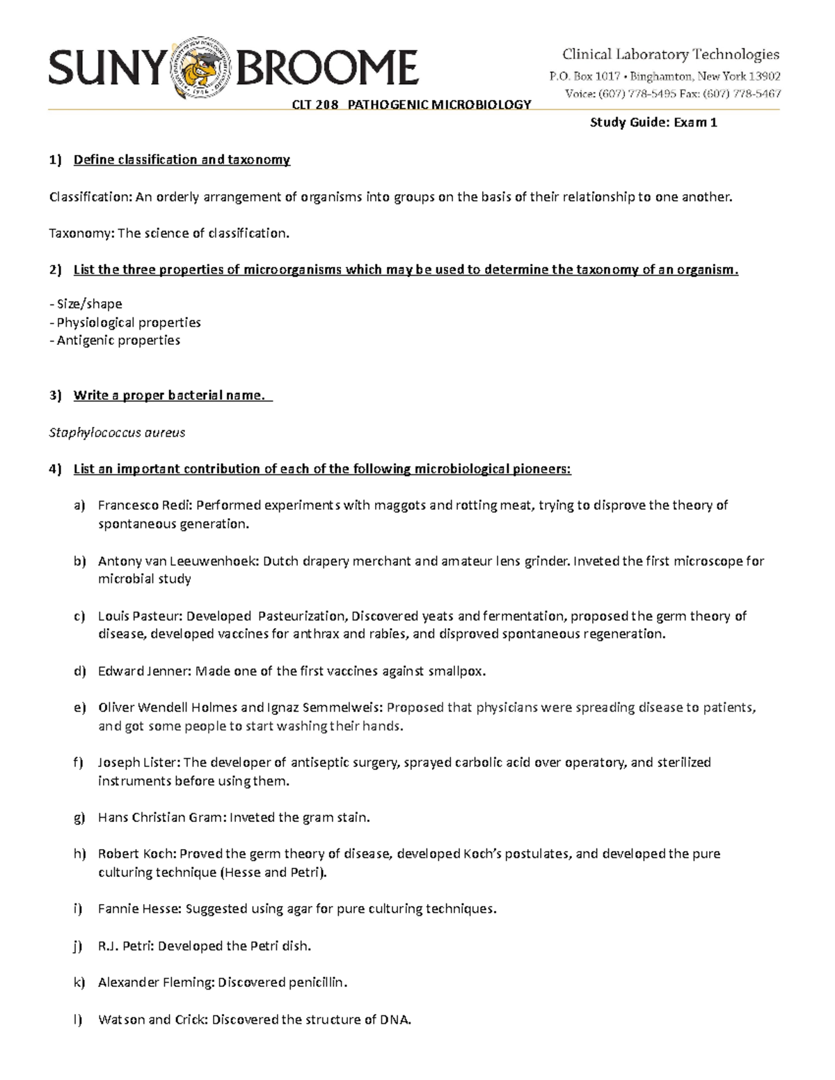 CLT 208 Exam 1 Study Guide - CLT 208 PATHOGENIC MICROBIOLOGY Study ...