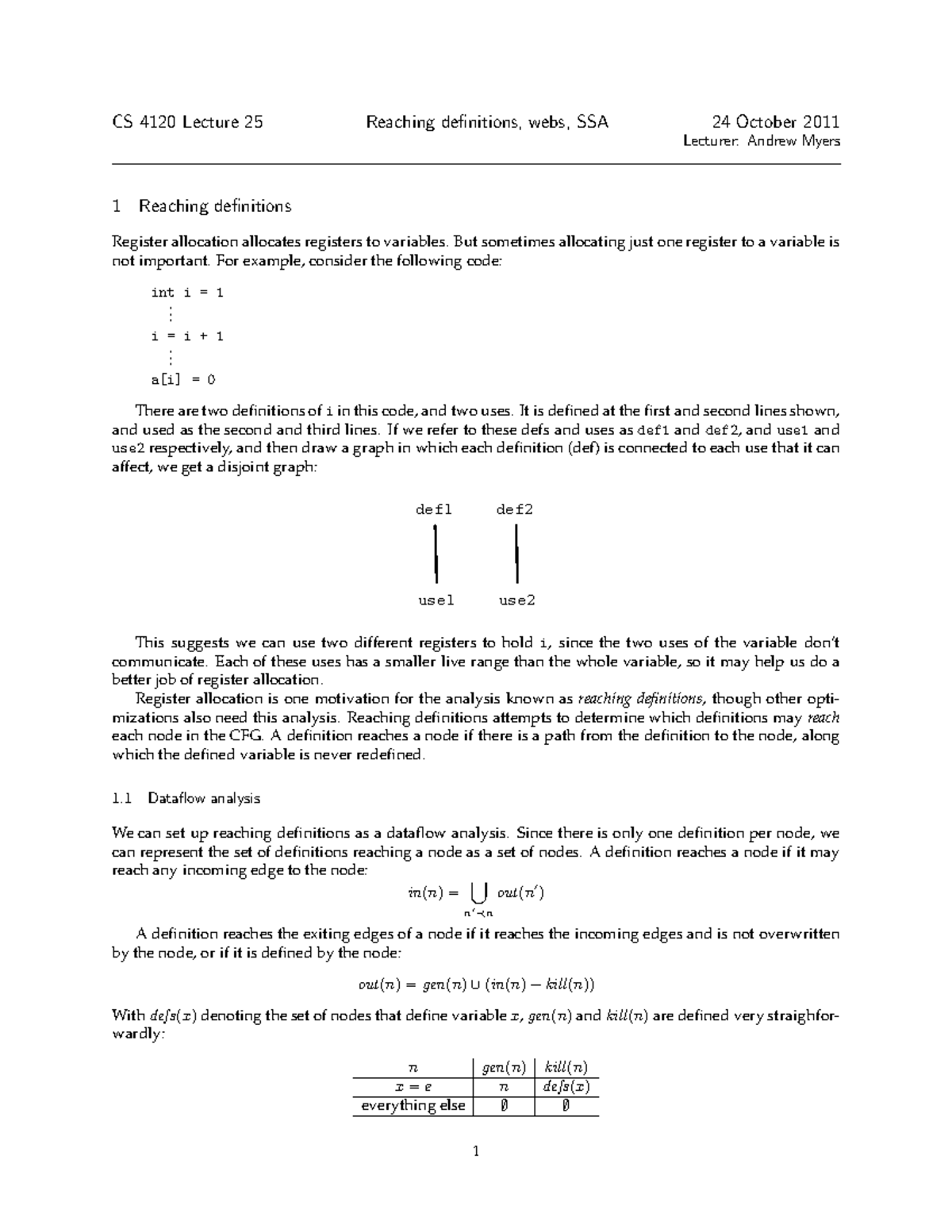 Lecture Notes Lecture 25 Cs 4120 Lecture 25 Reaching Definitions 