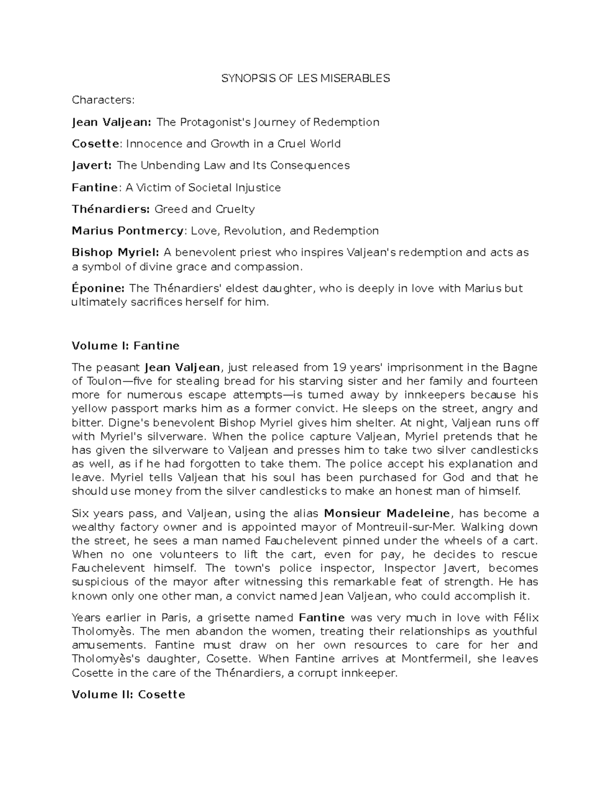 Synopsis OF LES Miserables - SYNOPSIS OF LES MISERABLES Characters ...