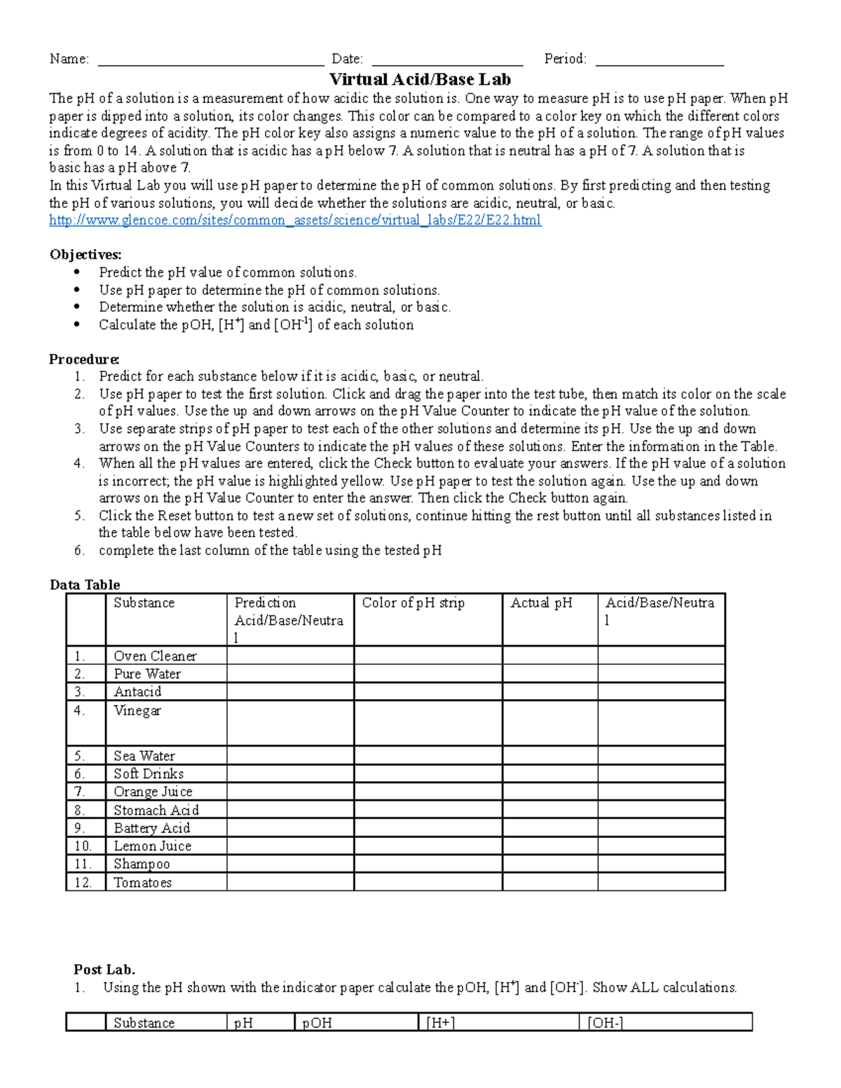 Acid and Base Virtural Lab - Name: ______________________________ Date
