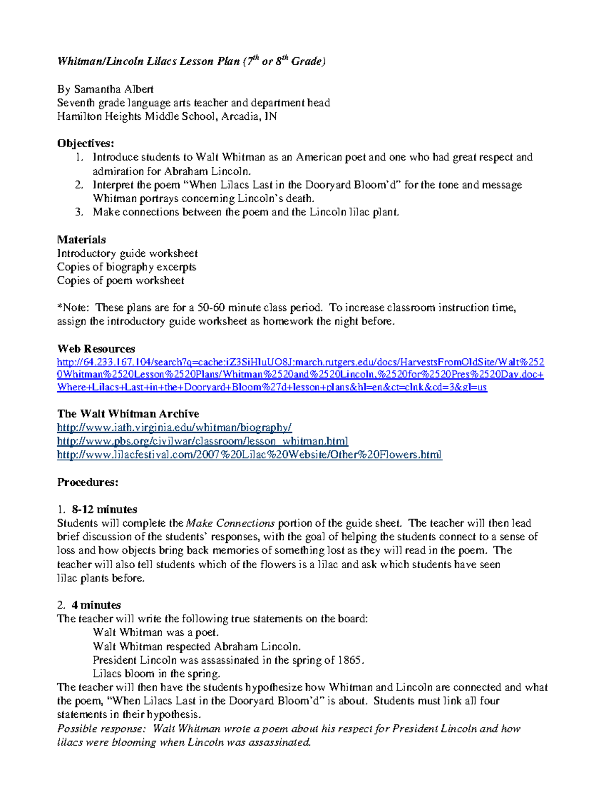 Walt Whitman Poem - Whitman/Lincoln Lilacs Lesson Plan ( ####### th or ...