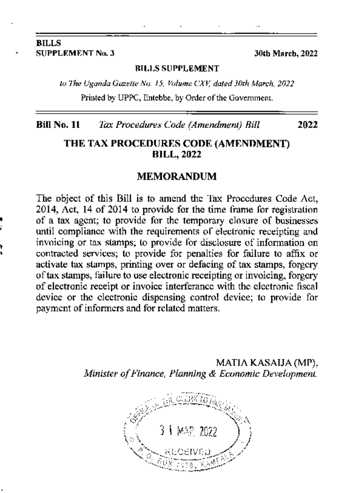 The Tax Procedures Code (Amendment) Bill, 2022 - l I BILLS SUPPLEMENT ...