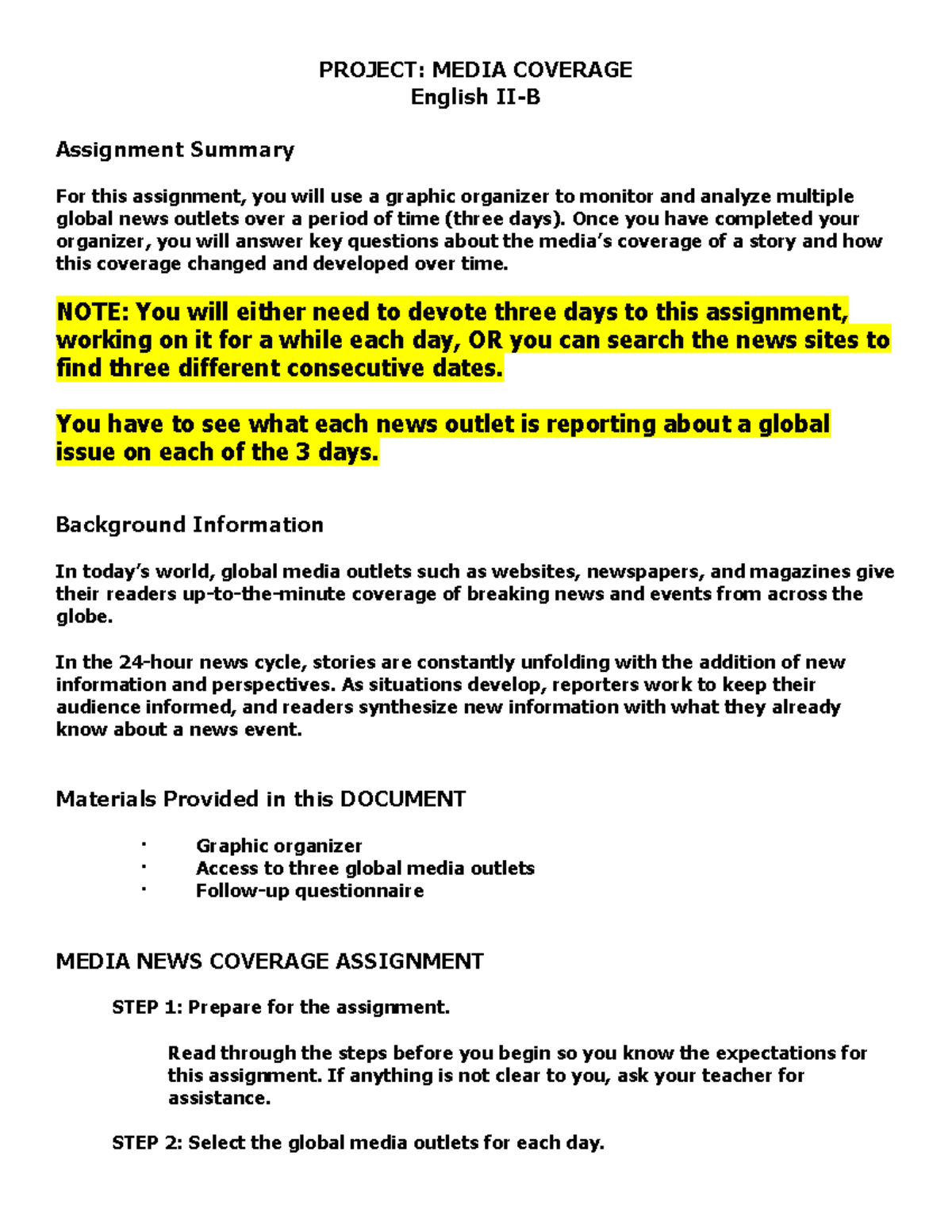 Copy of Project English II-B Media Coverage - PROJECT: MEDIA COVERAGE ...