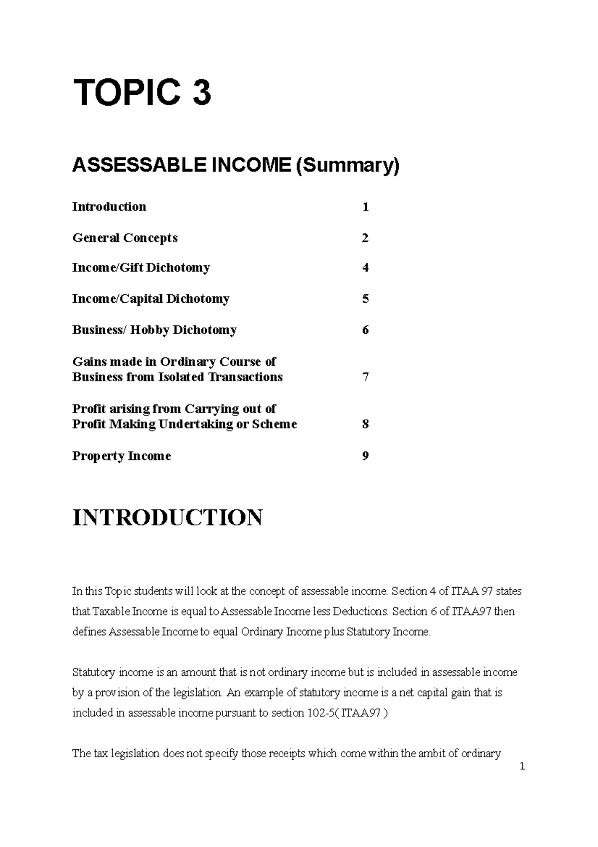 Summary Lecture Notes on Assessable Income - TOPIC 3 ASSESSABLE INCOME ...
