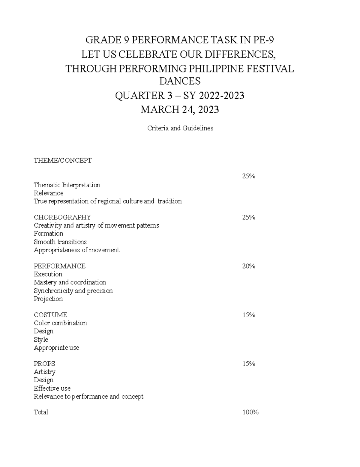 Pdfcoffee.com criteria-guidelines-pdf-free (Auto Recovered) - GRADE 9 PERFORMANCE TASK IN PE ...