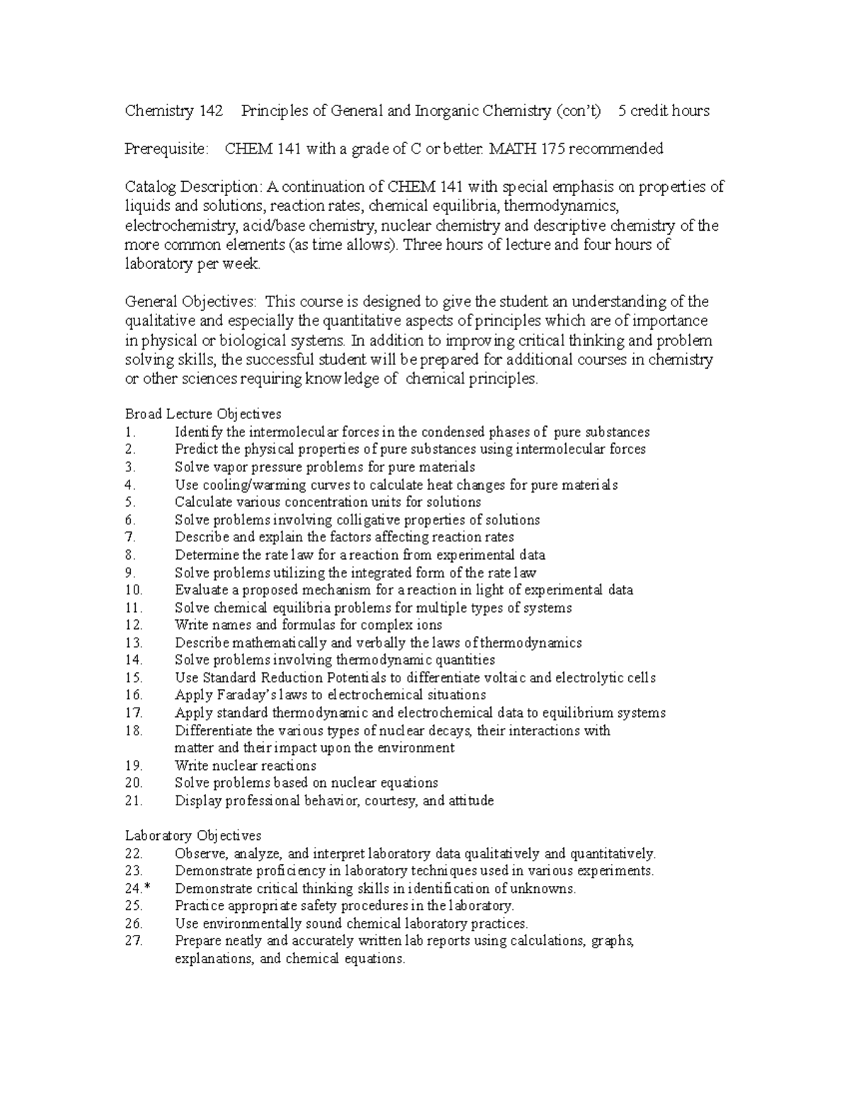 Chem 142 and 141 course objectives. First day - Chemistry 142 ...