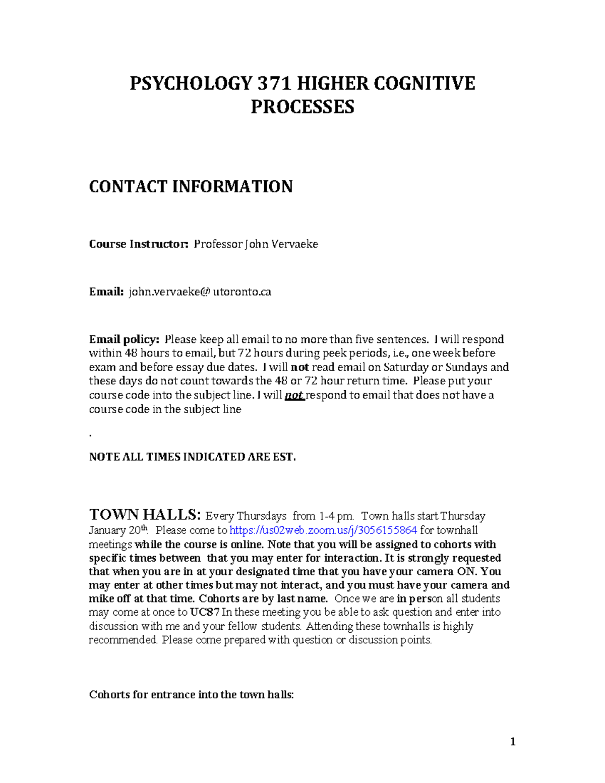 PSY371S Syllabus 2022 Winter Vervaeke - PSYCHOLOGY 371 HIGHER COGNITIVE ...