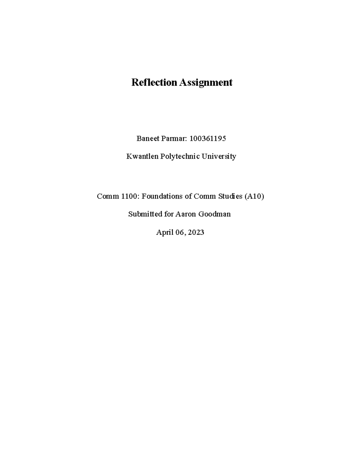 Reflection Assignment BY Baneet - Reflection Assignment Baneet Parmar ...