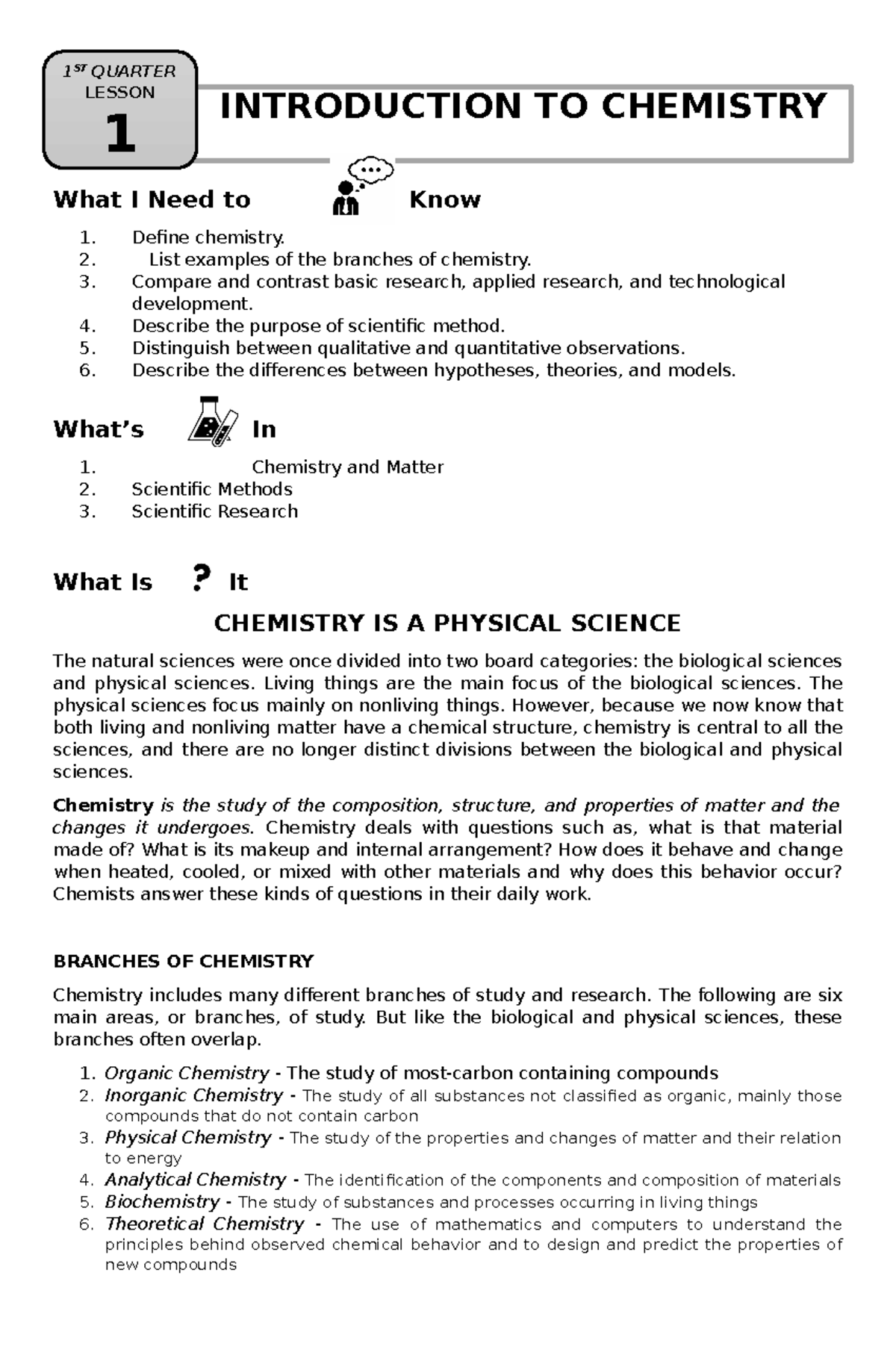 Lesson 1 Introduction TO Chemistry - INTRODUCTION TO CHEMISTRY What I ...
