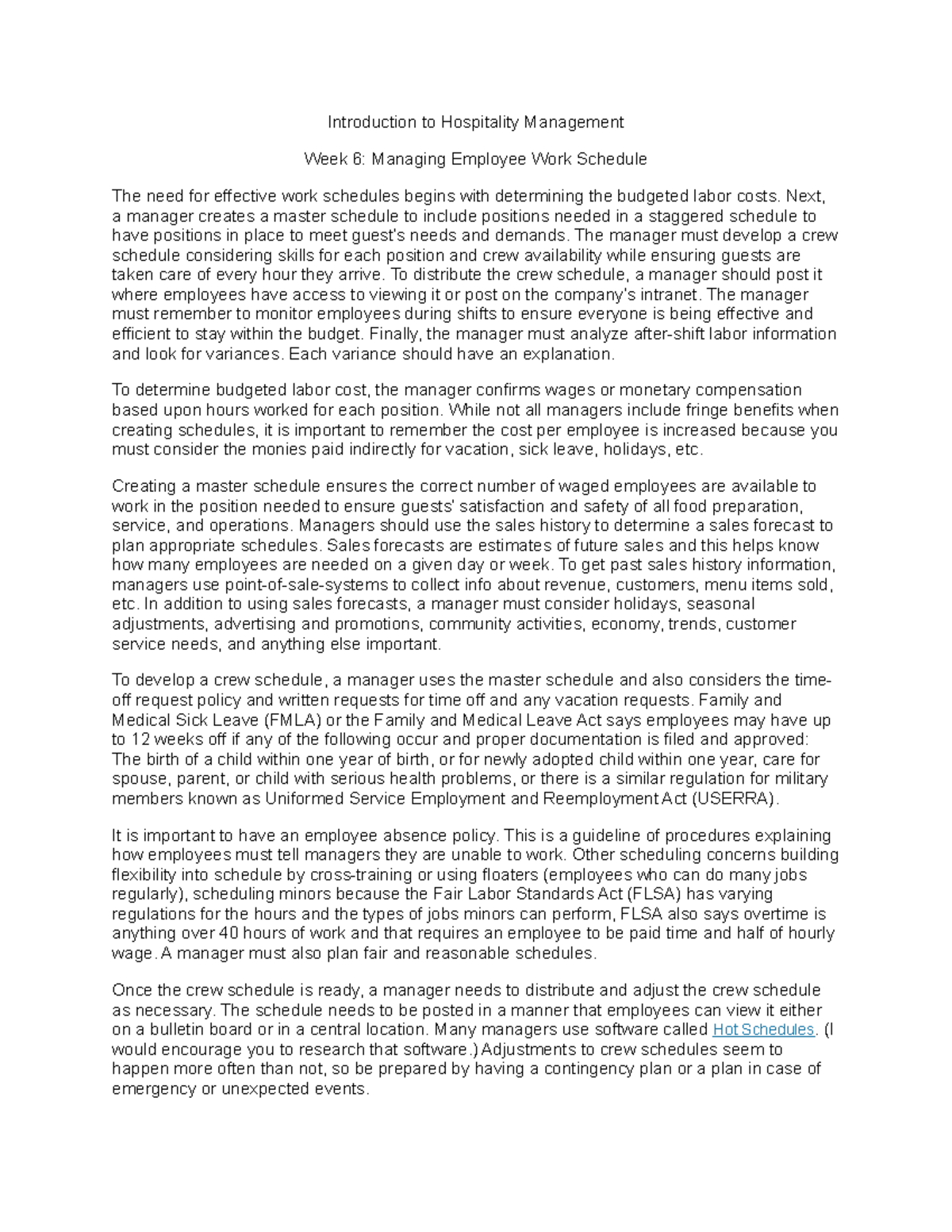 Introduction of Hospitality Management. Week 6 (Notes) Managing ...