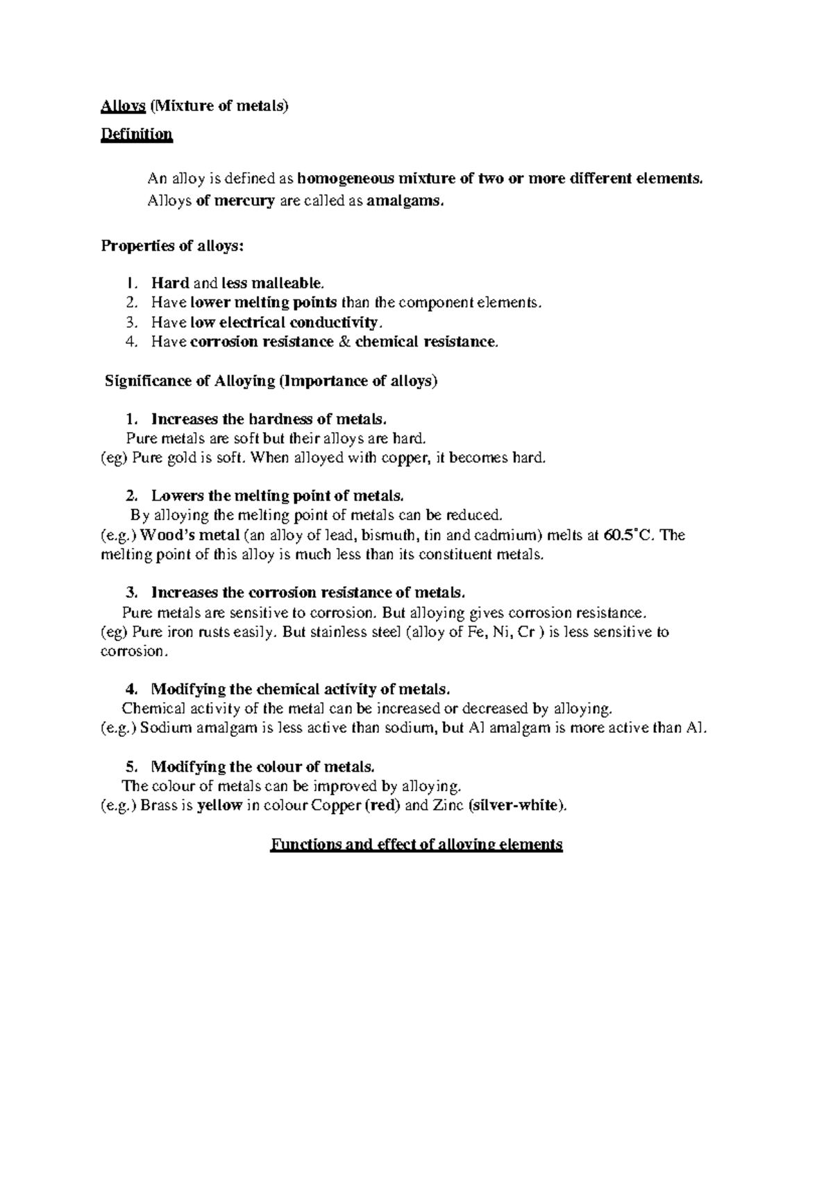 Alloys - Alloyes notes - Alloys (Mixture of metals) Definition An alloy ...