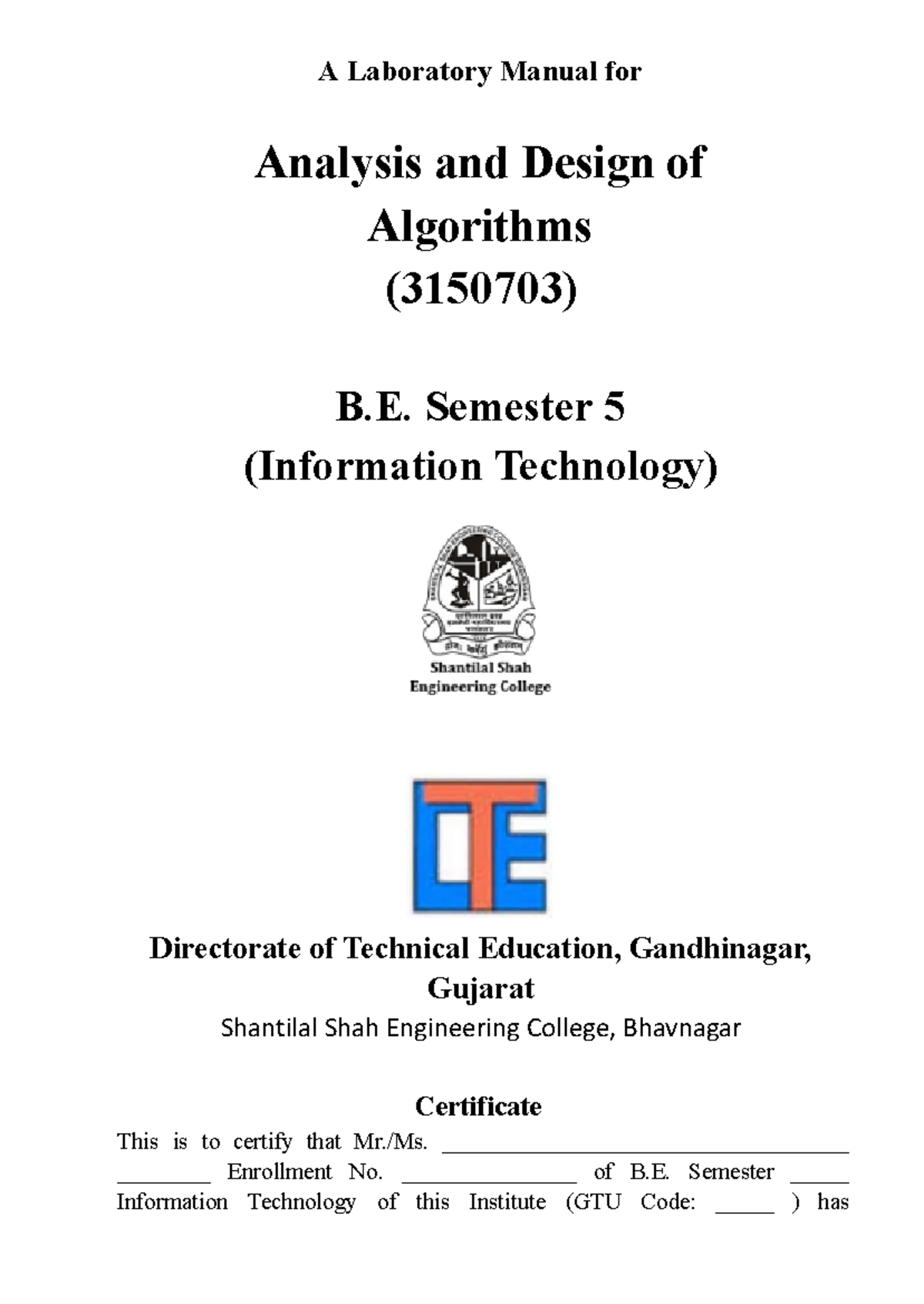 Ada Practical Sem 51 Analysis And Design Of Algorithms 3150703 A Laboratory Manual For
