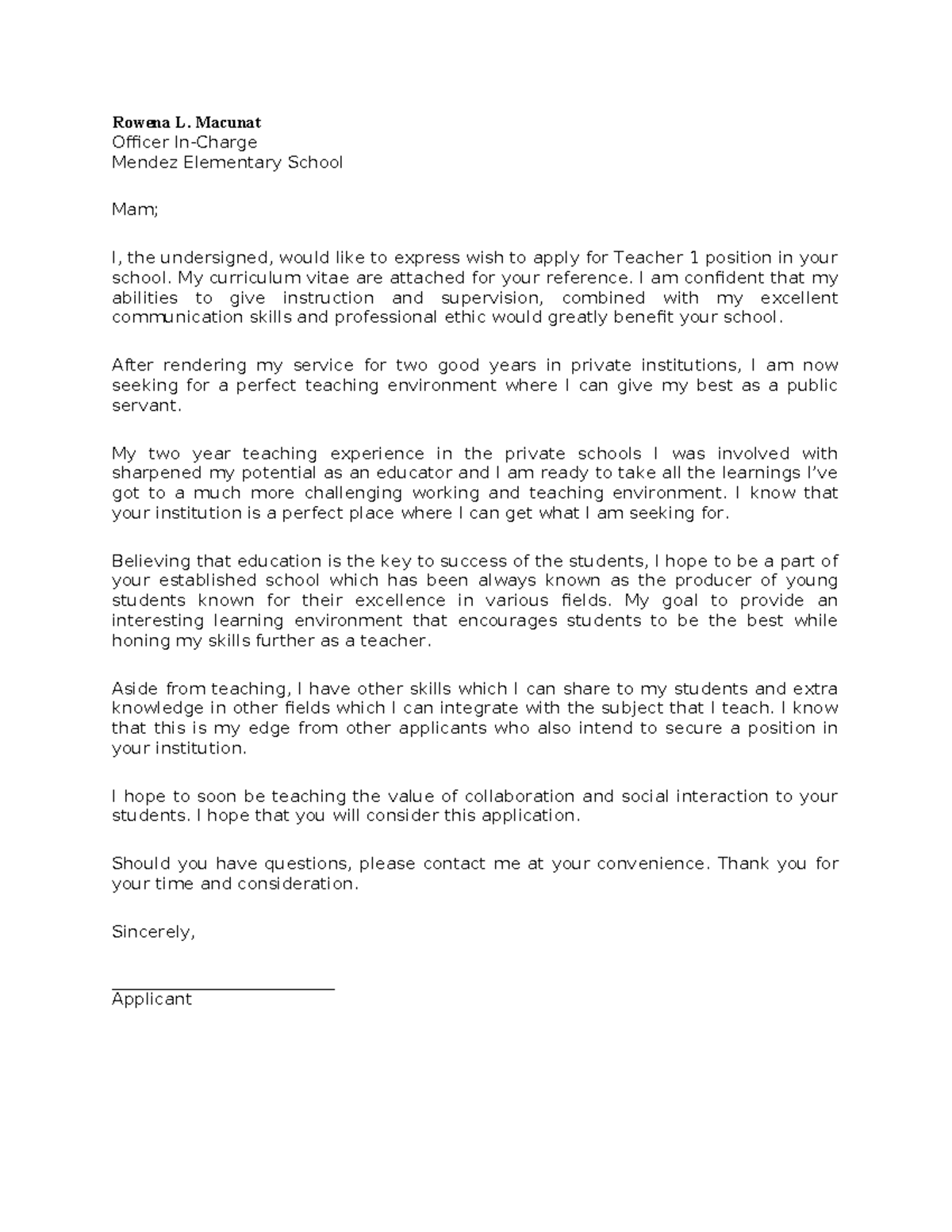 Intent Letter for Teacher I - Rowena L. Macunat Officer In-Charge ...