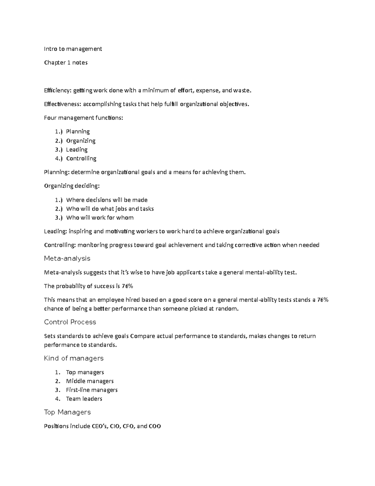 Intro to management ch 1 notes - Intro to management Chapter 1 notes ...