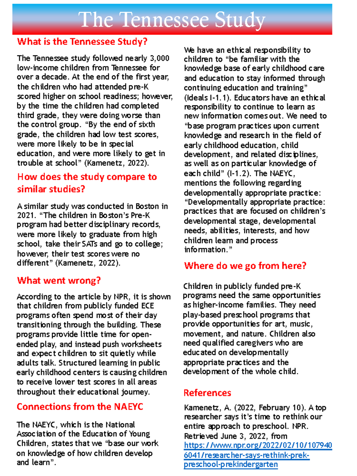 HDF286 Final Resource - The Tennessee Study What is the Tennessee Study ...